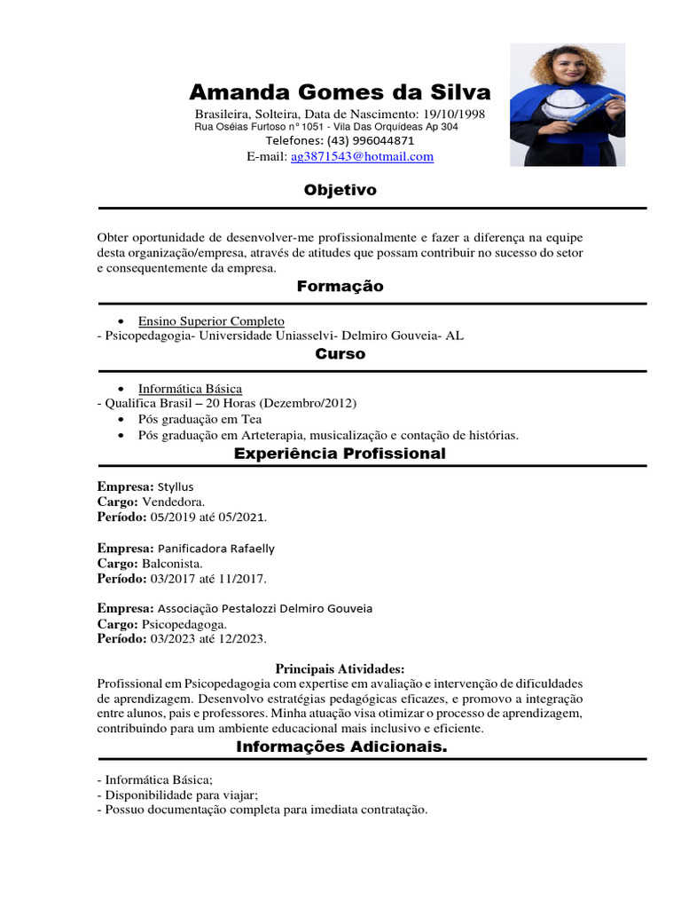 Currículo de Amanda Gomes da Silva | PDF | Carreira e Crescimento