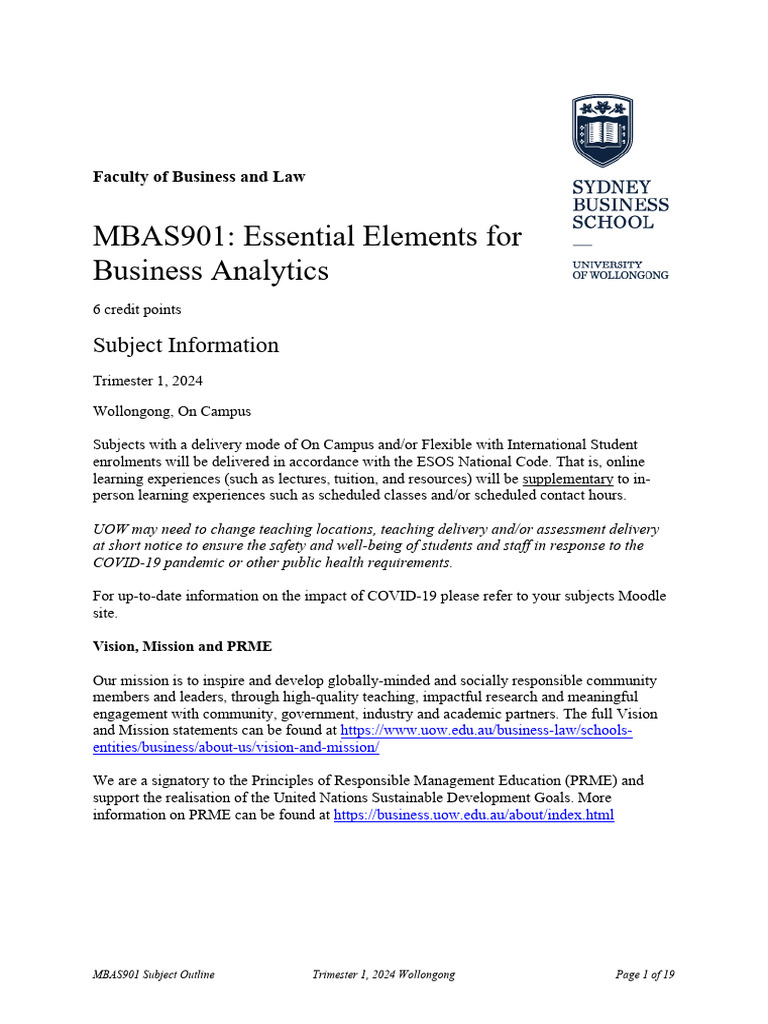 Subject Outline - MBAS901 - Trimester 1, 2024 - Wollongong | PDF | Data Analysis | Analytics