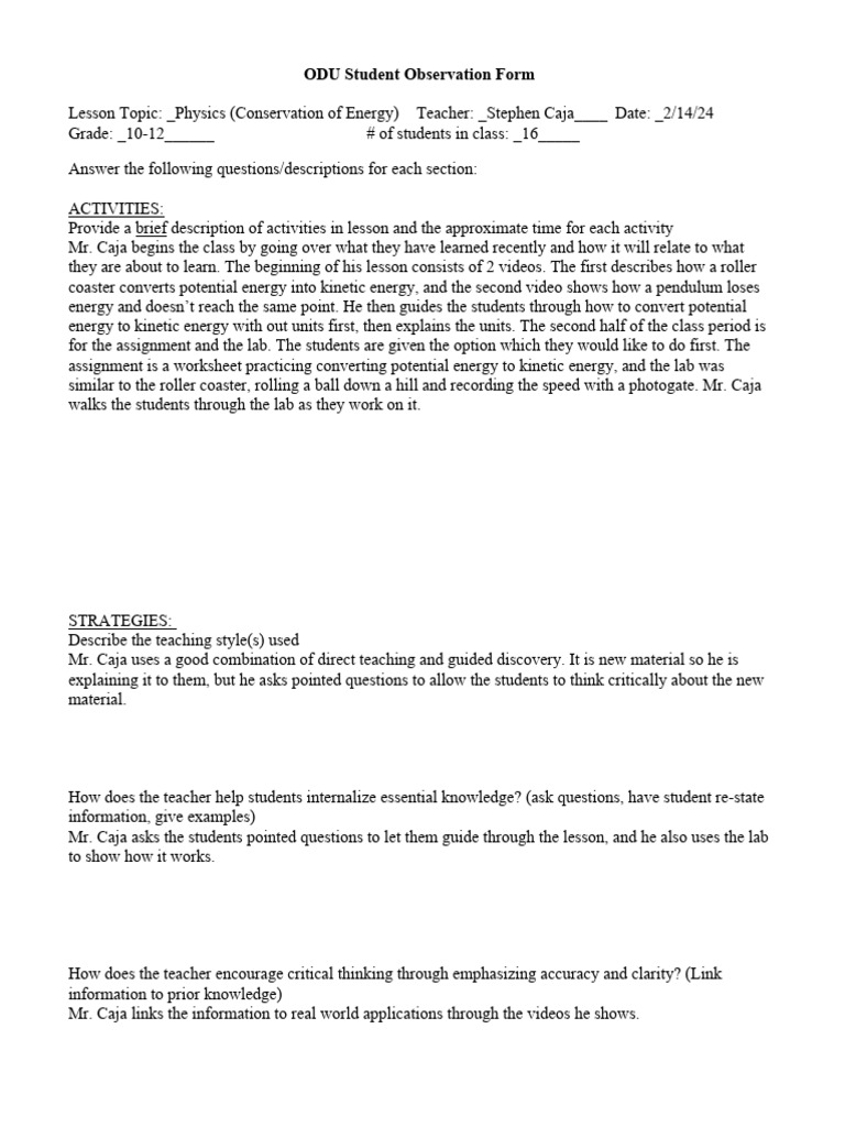physics observation 1 | PDF | Teachers | Learning