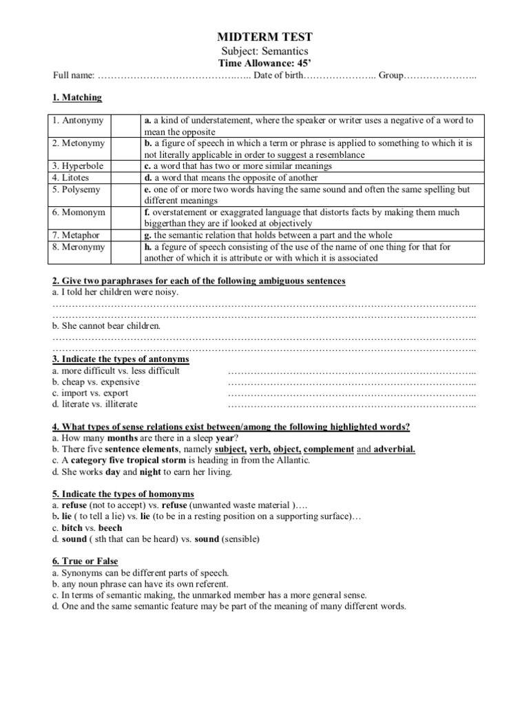 Sample Semantics Mid-Term Test | PDF | Semantics | Sentence (Linguistics)
