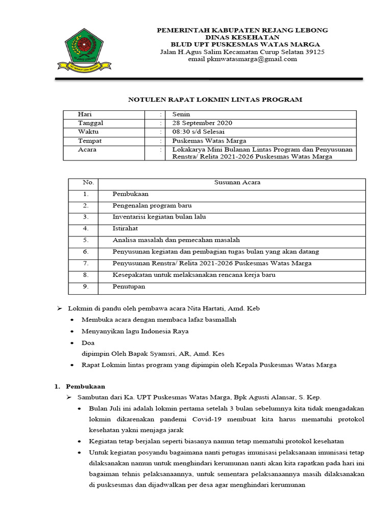Notulen Lokmin Linprog Sept 2020 & Penyusunan Renstra-Relita 2021-2026 | PDF