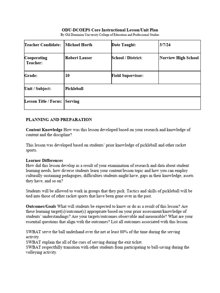 Pickleball Serving Lesson Plan | PDF | Learning | Educational Assessment