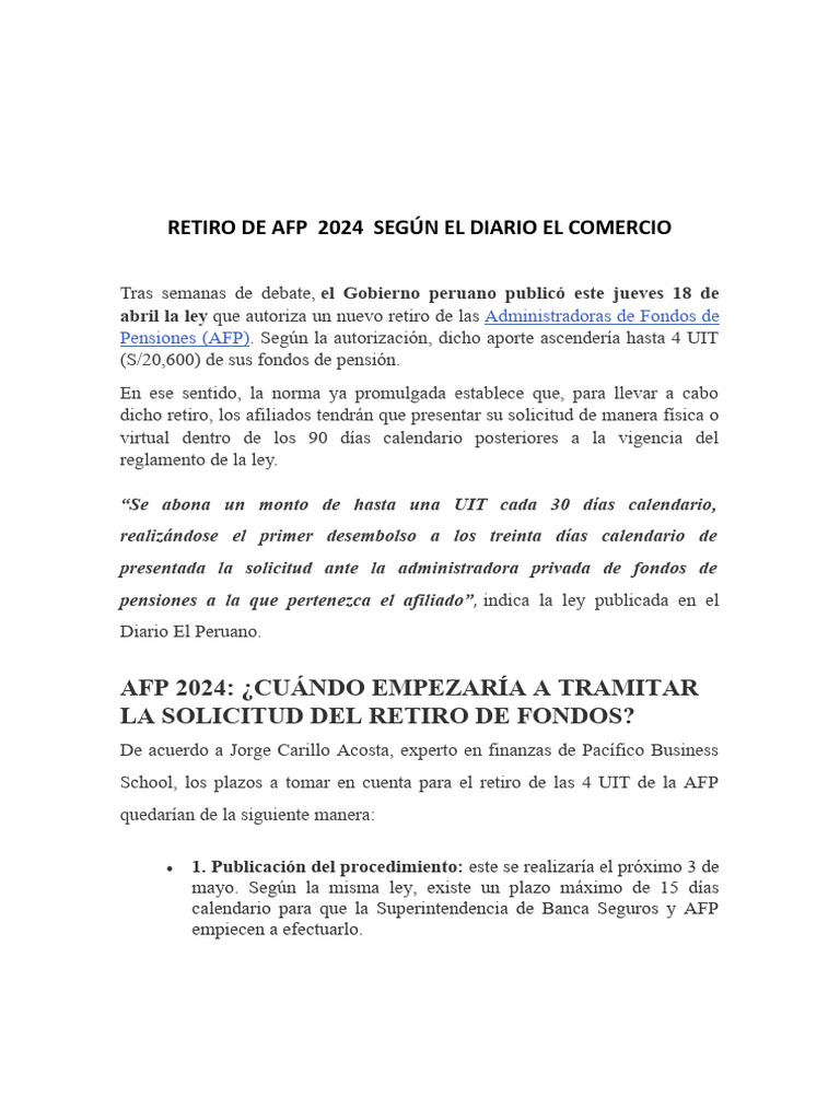 Retiro de AFP 2024: Fechas y Proceso | PDF | Pensión
