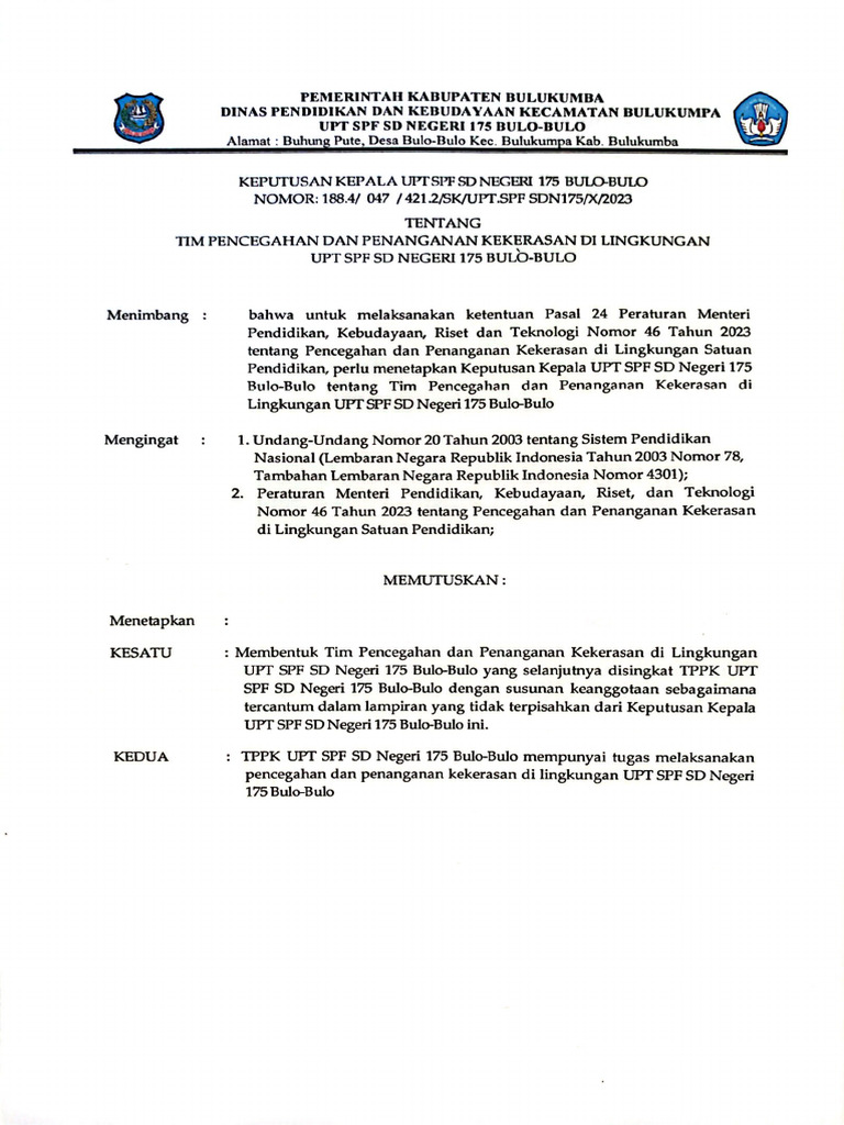 Keputusan Kepsek TPPK | PDF