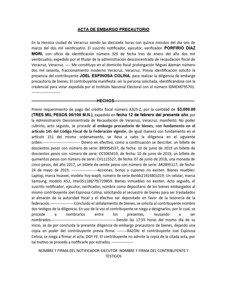 Acta de Embargo Precautorio | PDF