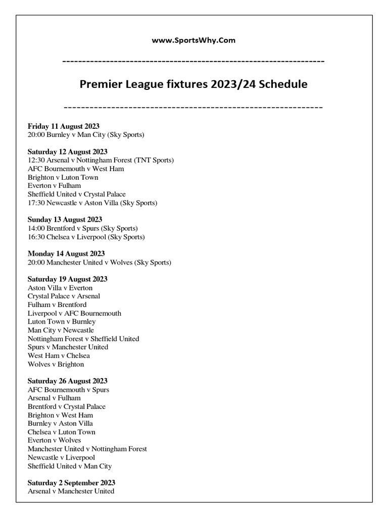 EPL Fixtures 2023/24 Schedule | PDF | Chelsea F.C. | West Ham United F.C.