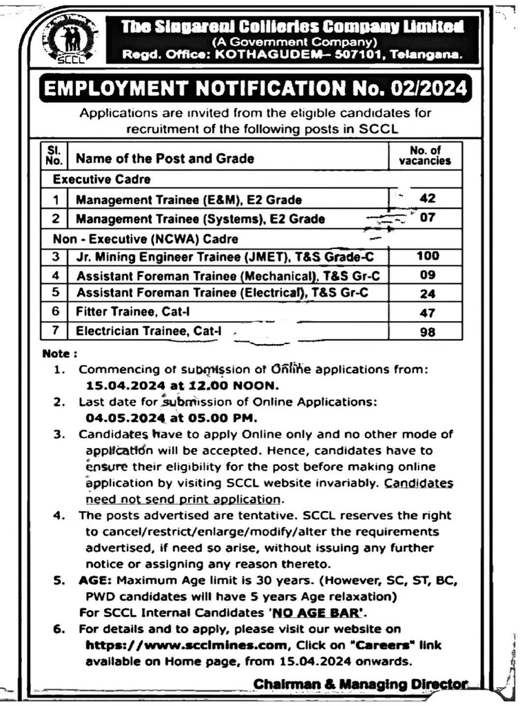 Short Notification SCCL Executive Non Executive Posts | PDF