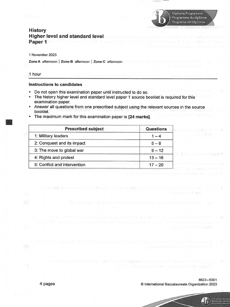 History Paper 1 Question Booklet HLSL | PDF