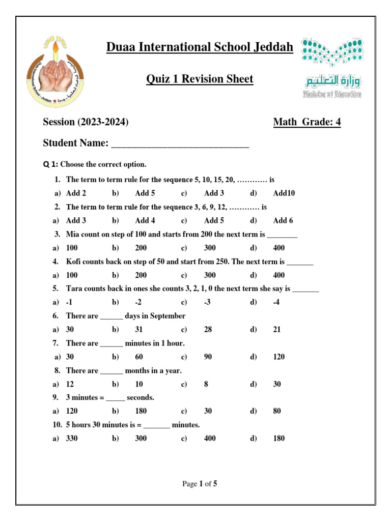 Grade 4 Math Quiz Revision Sheet | PDF | Arithmetic | Mathematics