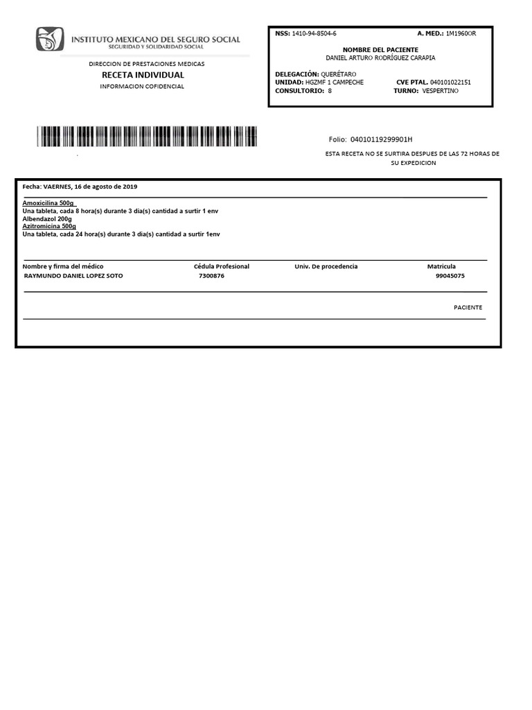 Receta IMSS Editable Infeccion de Estomago | PDF
