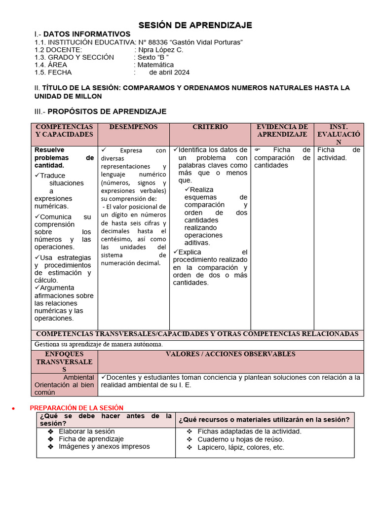 Sesion 17 Sde Matematicas Comparamos y Ordenamos Nuemeros Del Millon | PDF | Decimal | Aprendizaje