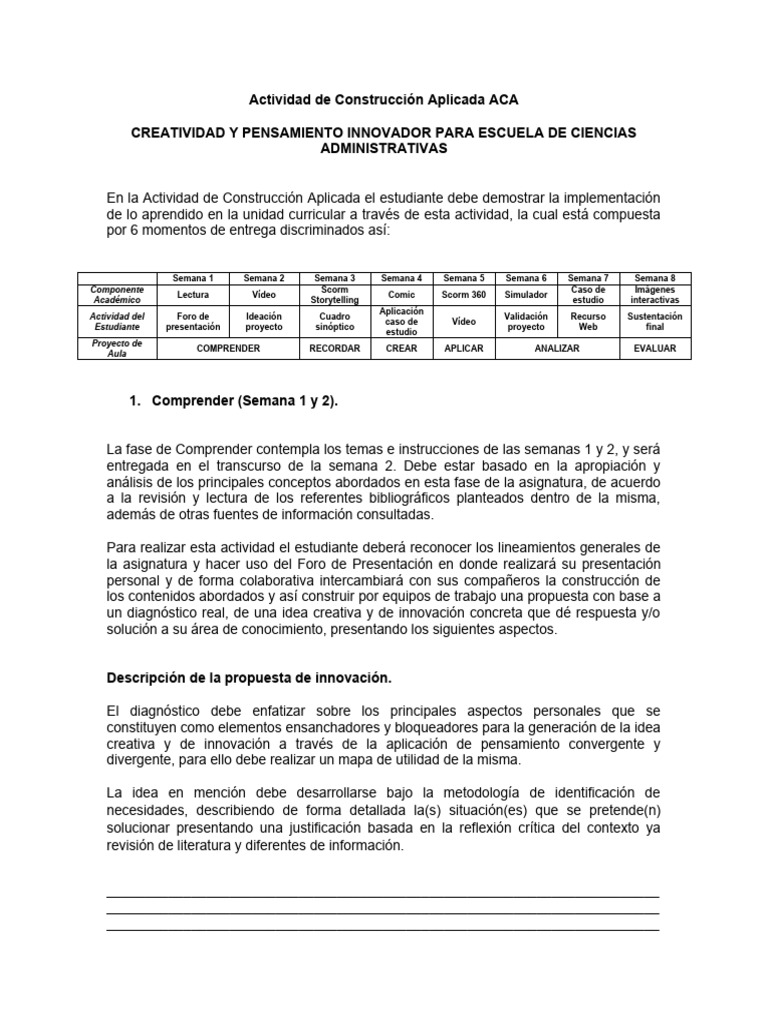 Actividad de Construcción Aplicada ACA Creatividad Y Pensamiento Innovador para Escuela de ...