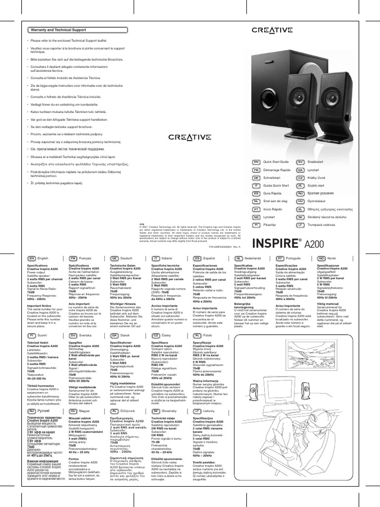 Creative A200 Quickstart Multilingual Front | PDF | Ingeniería de audio ...