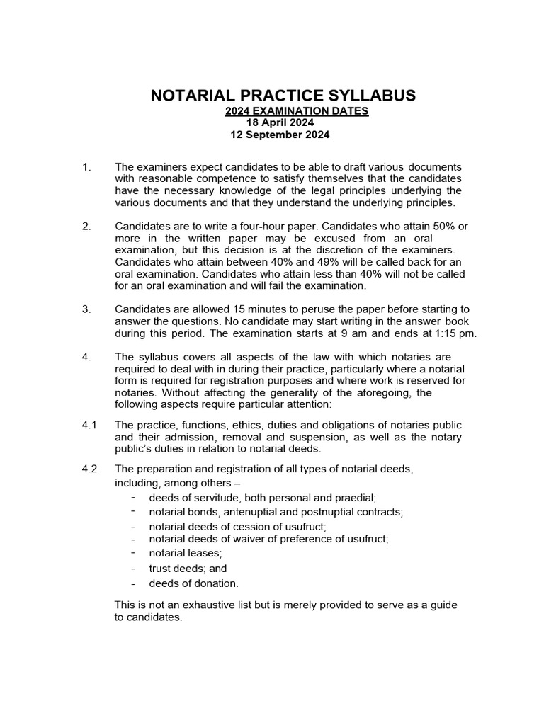 Notarial Practice Syllabus 2024 Exam | PDF | Notary Public | Deed