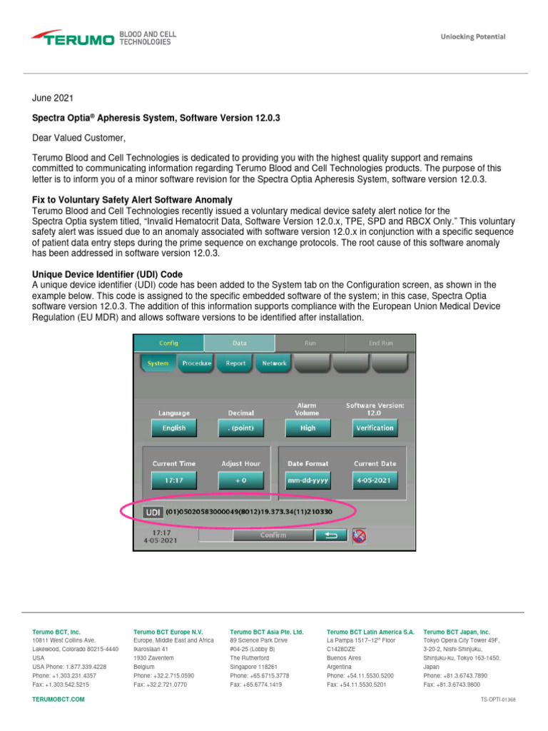 Customer Letter For Spectra Optia V12.0.3 Software | PDF | Medical ...