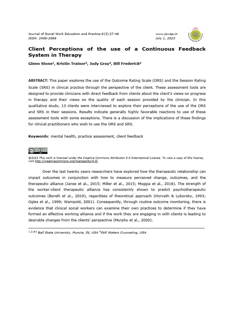 Client Perceptions Ofthe Use of Acontinuous Feedback System in Therapy | PDF | Psychotherapy ...