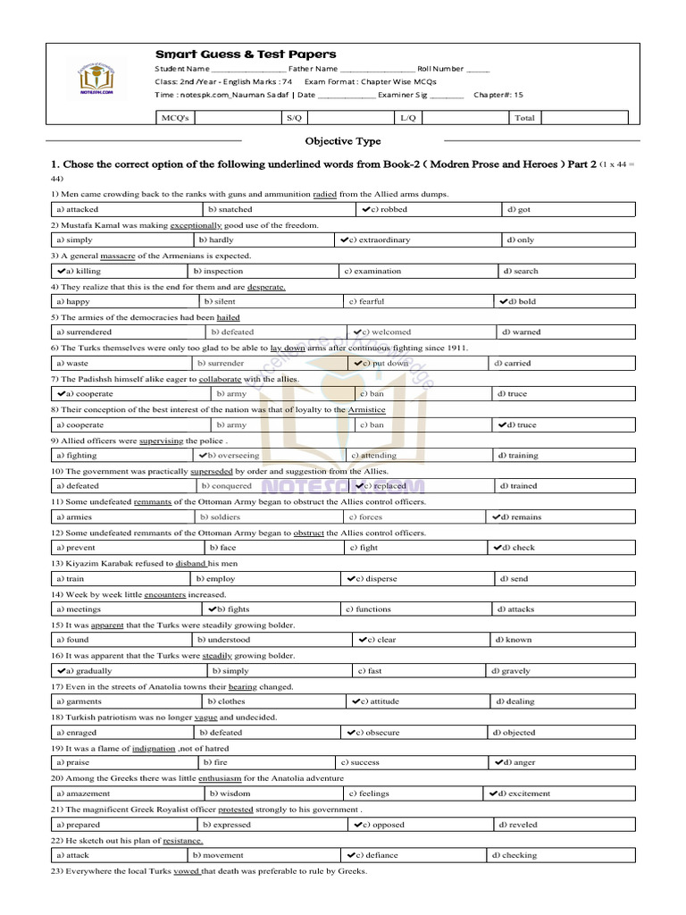 MCQs on Modern Prose and Heroes | PDF | Turkey | Multiple Choice
