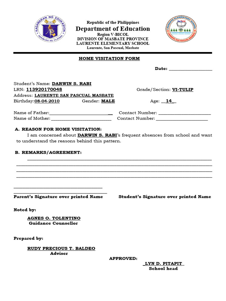 Home Visitation Form for Student Absences | PDF
