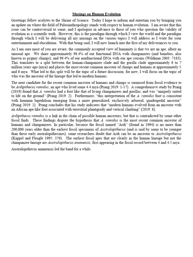 Musings on human evolution-2 | PDF | Human Evolution | Paleoanthropology