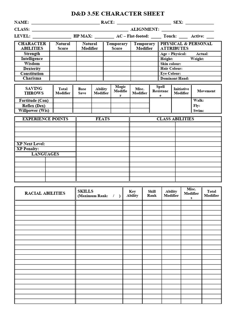 Basic Character Sheet | PDF | Role Playing Video Games | Role Playing Games