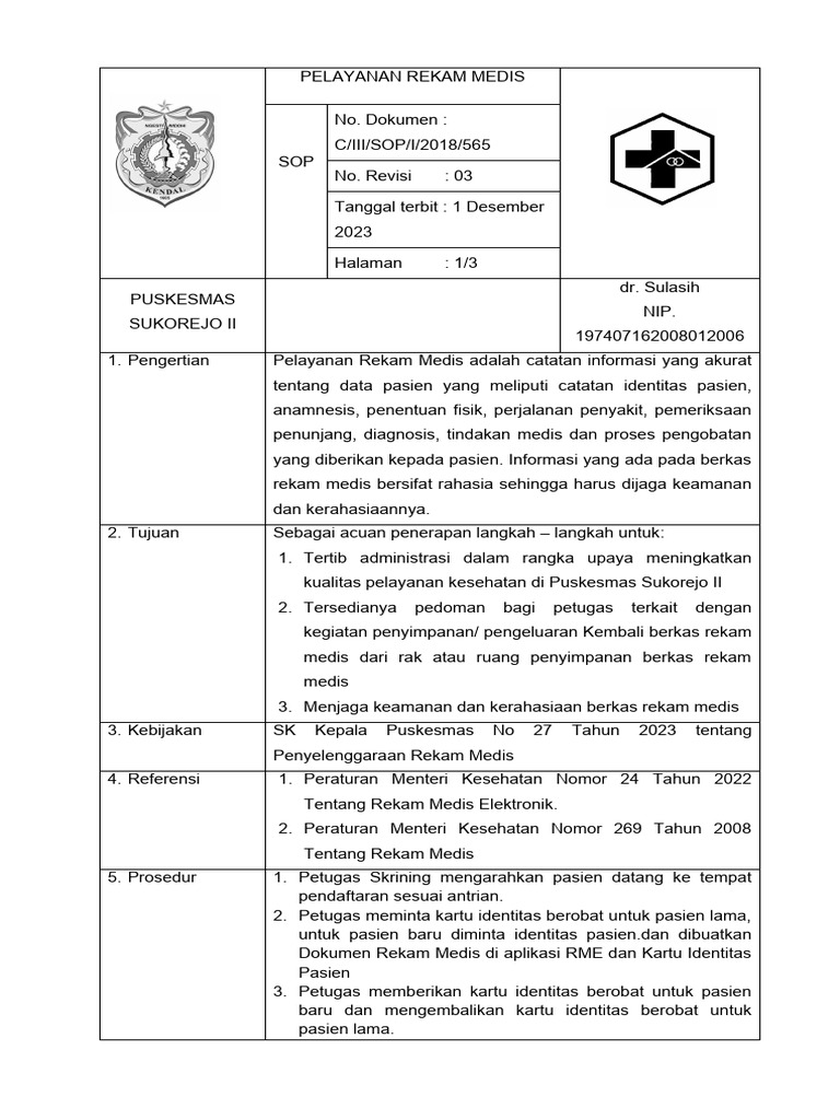Sop Pelayanan Rekam Medis | PDF