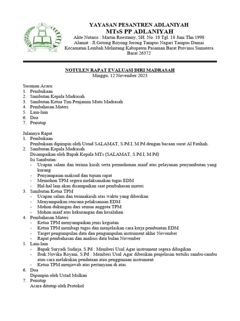 Notulen Rapat Evaluasi Diri Madrasah | PDF