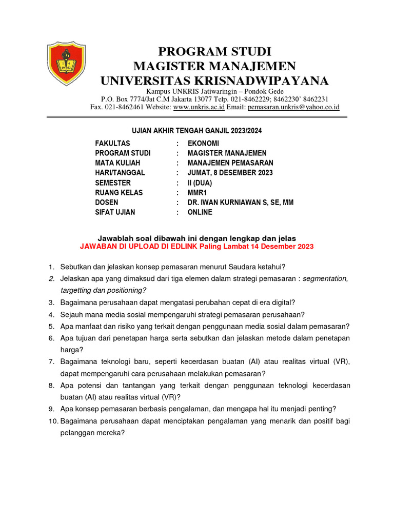 Contoh Soal Uts Mata Kuliah Manajemen Pemasaran | PDF