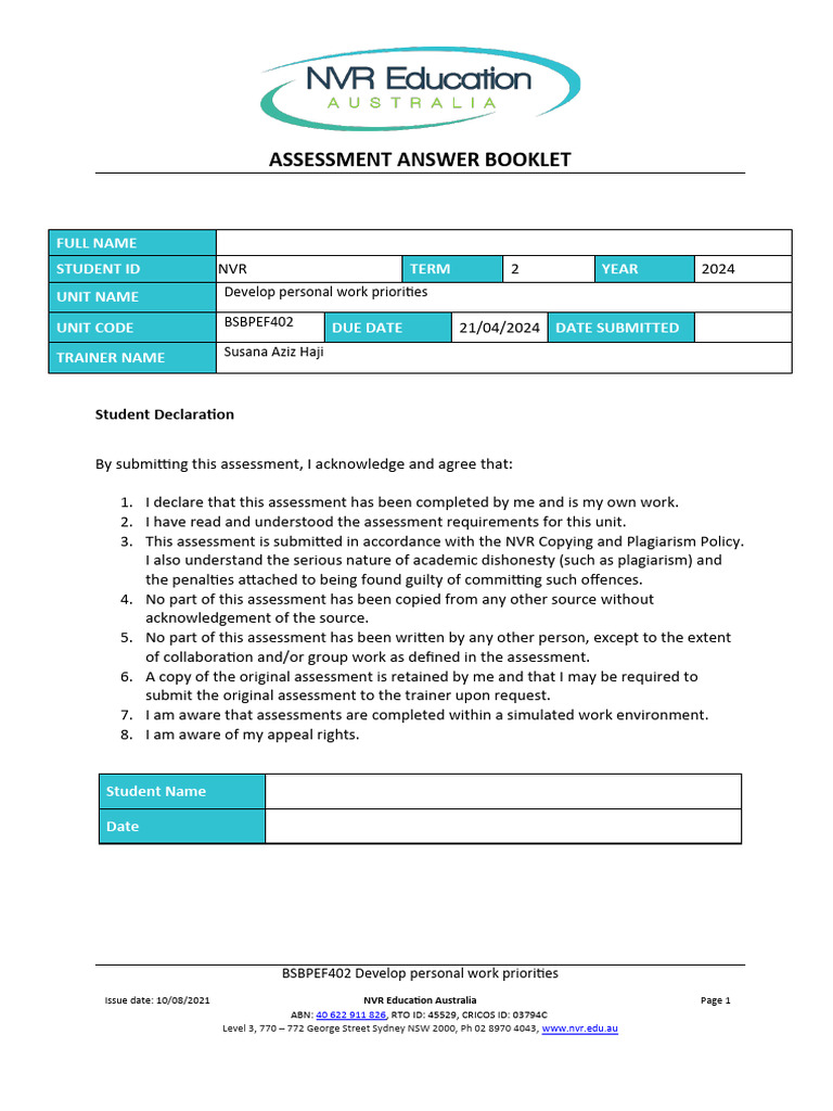 Assessment Answer Booklet BSBPEF402 Task 2 | PDF | Plagiarism