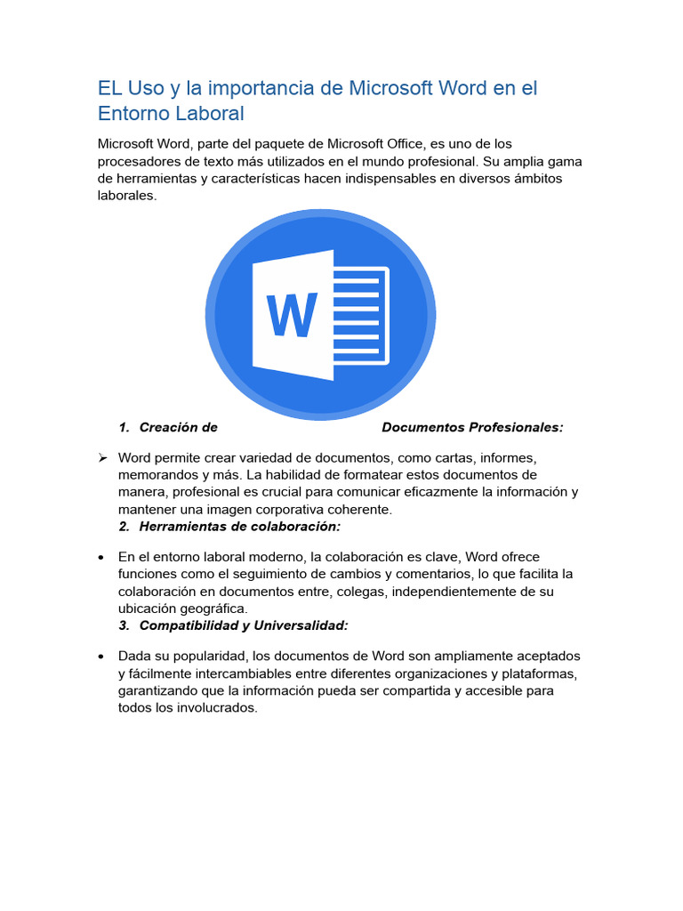 EL Uso y la importancia de Microsoft Word en el Entorno Laboral | PDF