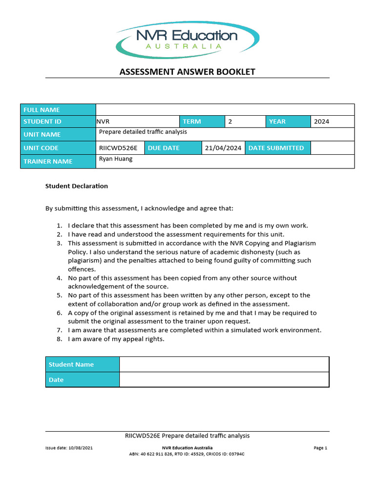 Assessment Answer Booklet Task 1 MEOWW - RIICWD526E | PDF | Traffic | Risk