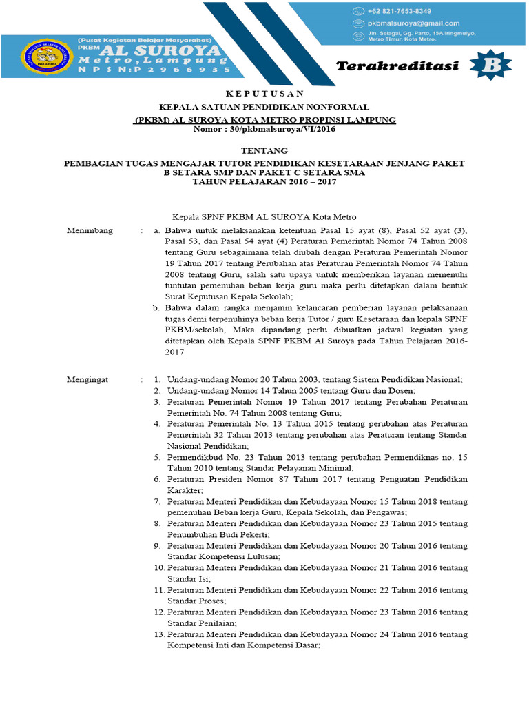 SK Pembagian Tugas Tutor PKBM | PDF