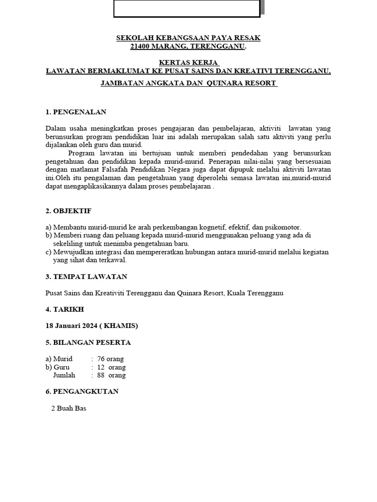 Kertas Kerja Lawatan Tahun 6 | PDF