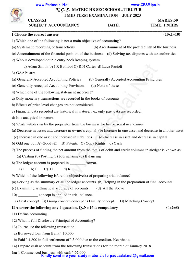 11th Accountancy EM 1st Mid Term Exam 2023 Model Question Paper English Medium PDF Download ...