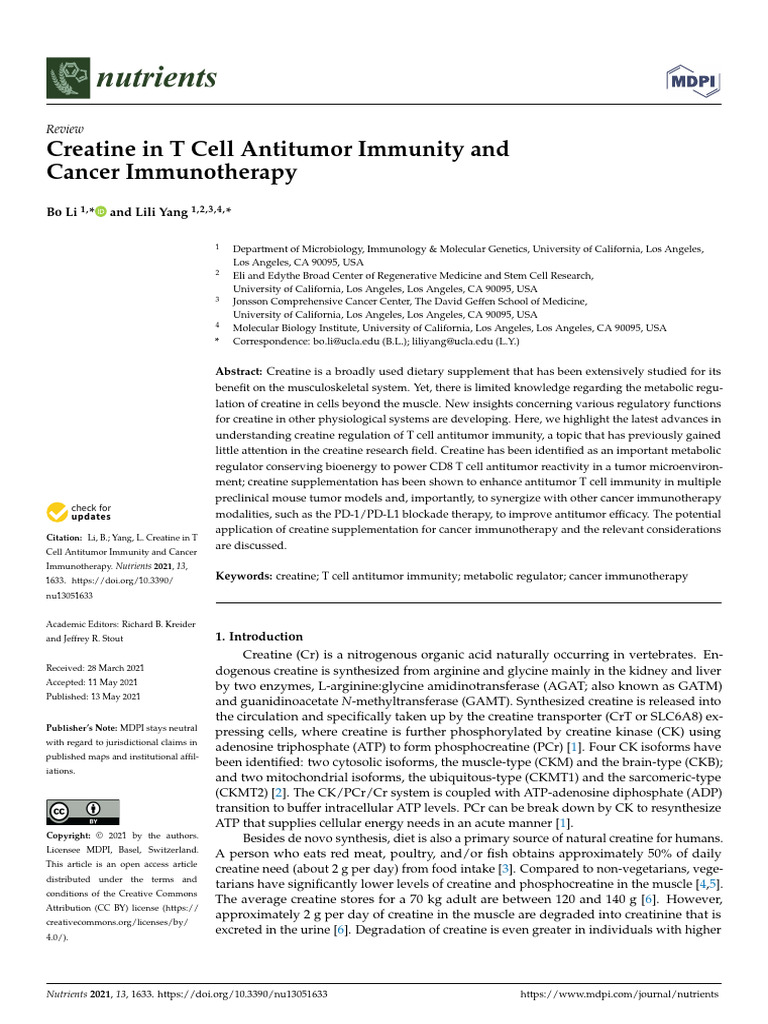 Creatine in T Cell Antitumor Immunity and Cancer Immunotherapy ...