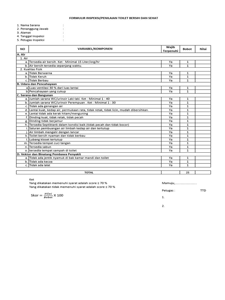 Form Penilaian Toilet Bersih Dan Sehat | PDF