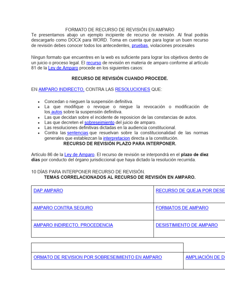 FORMATO DE RECURSO DE REVISIÓN EN AMPARO | PDF | Caso de ley ...