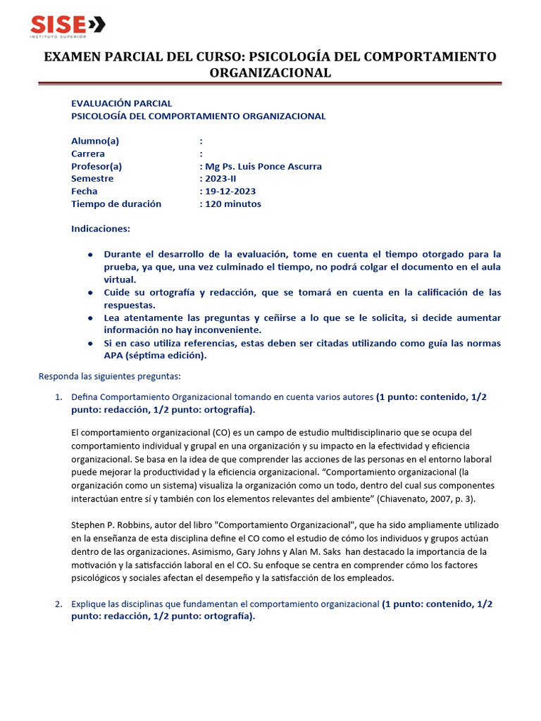 NUEVO EXAMEN PARCIAL- PSIC COMP ORGA 2023 1 JASMIN | PDF | Psicología industrial y ...