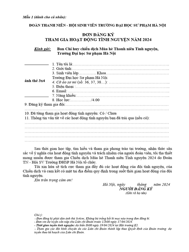 Đơn Đăng Kí TNV | PDF