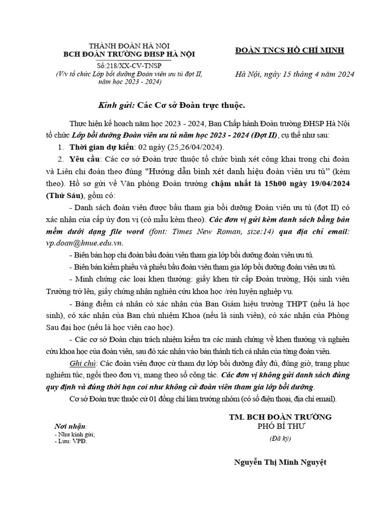 CV to chuc lop DVUT dot 2, 2023 - 2024 | PDF