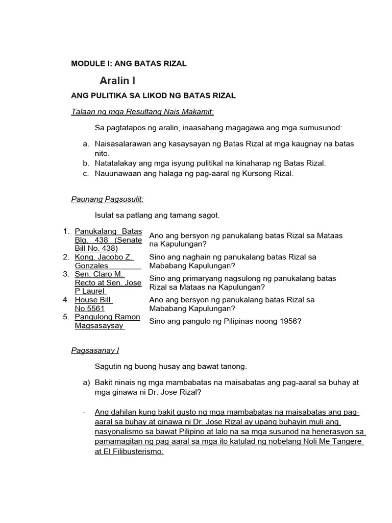 MODULE I Ang Batas Rizal Aktibity 2022 March | PDF