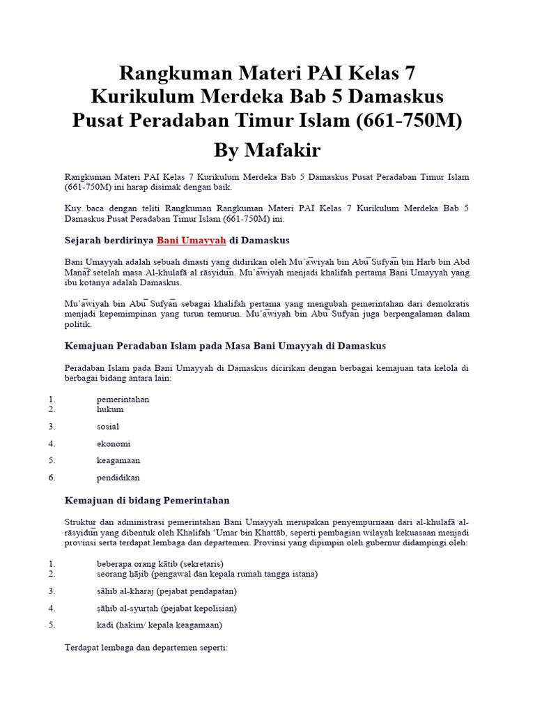 Rangkuman PAI Kelas 7: Damaskus Islam | PDF