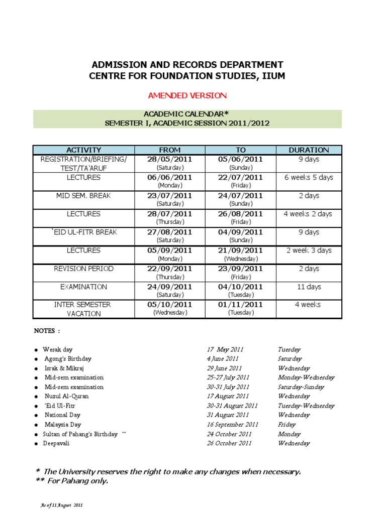 2011/2012 Academic Calendar Overview | PDF | Technology & Engineering