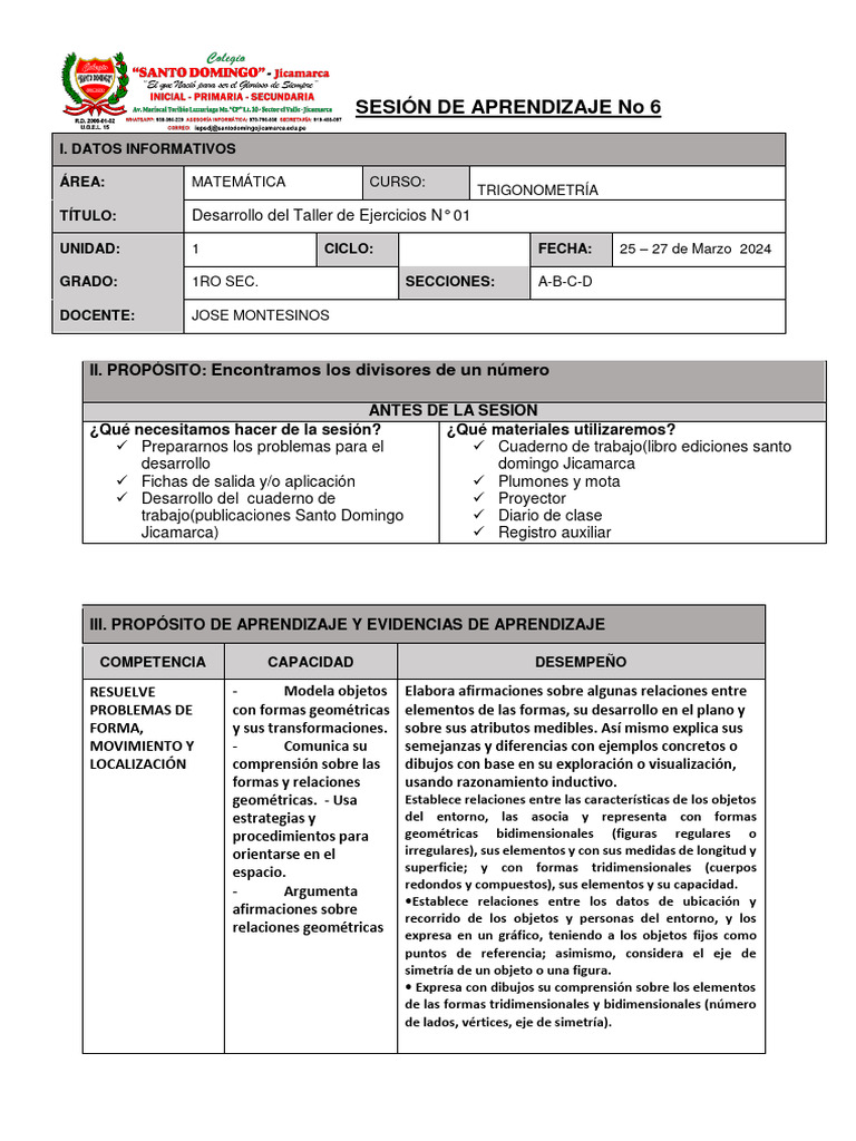 SESIÓN DE APRENDIZAJE No 6 TRIGONOMETRIA 1RO A, B, C, D SECUNDARIA ...