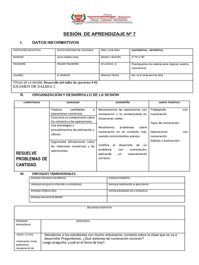 SESIÓN DE APRENDIZAJE N 7 Artimetica 1° Sec | PDF | Evaluación | Aprendizaje