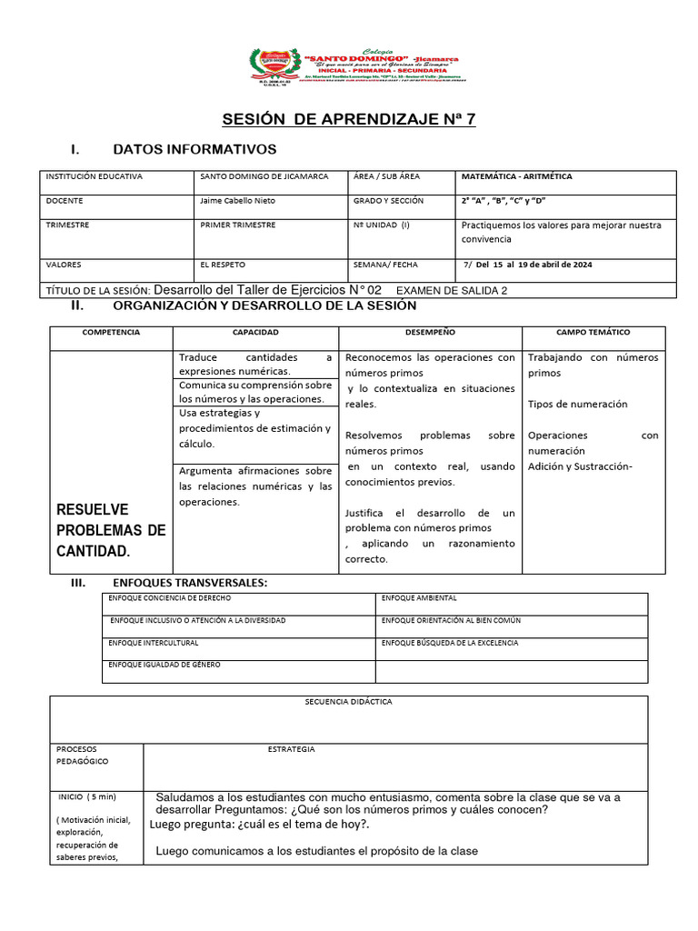 SESIÓN DE APRENDIZAJE N 7 Artimetica 2° Sec | PDF | Evaluación | Aprendizaje
