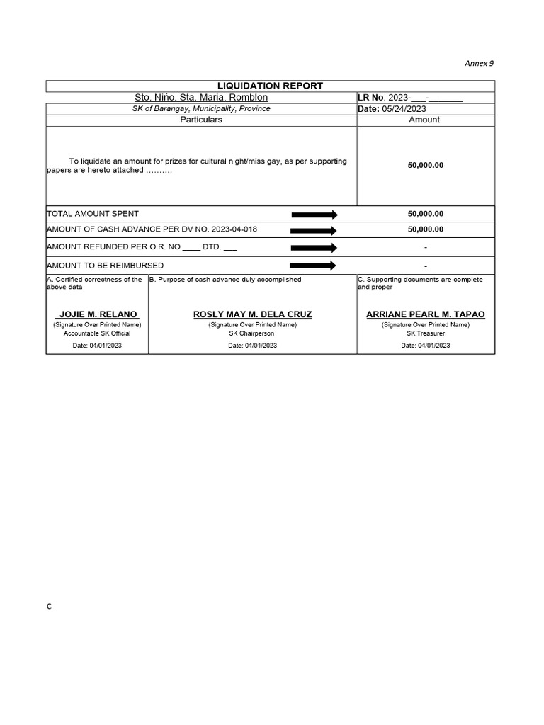 Liquidation Report: Sto. Niño SK, Romblon | PDF | Payments | Cheque