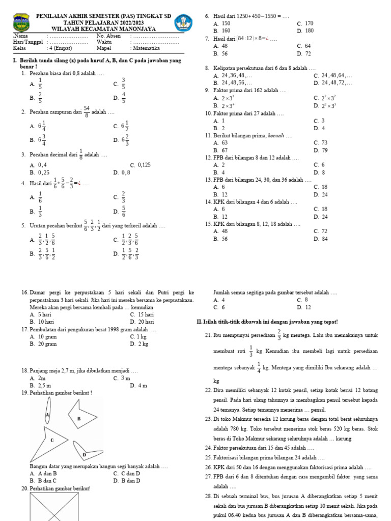 Soal Pas MTK KLS 4,5,6 | PDF