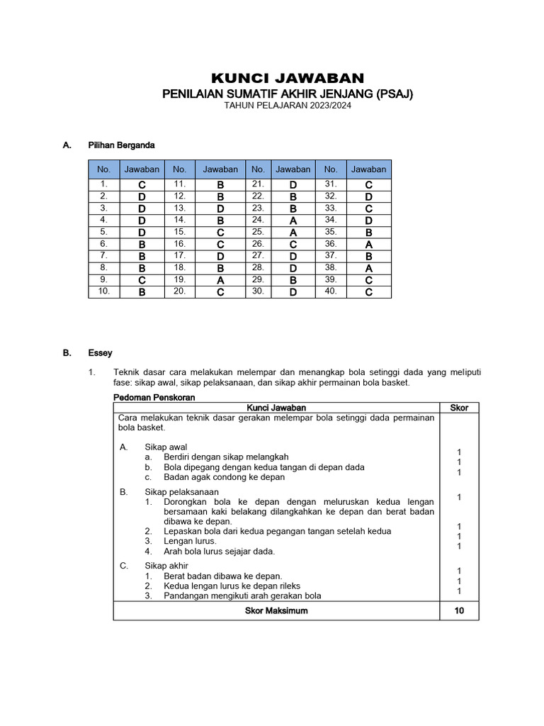 Kunci Jawaaban PSAJ PJOK Tahun Ajaran 2023-2024 | PDF