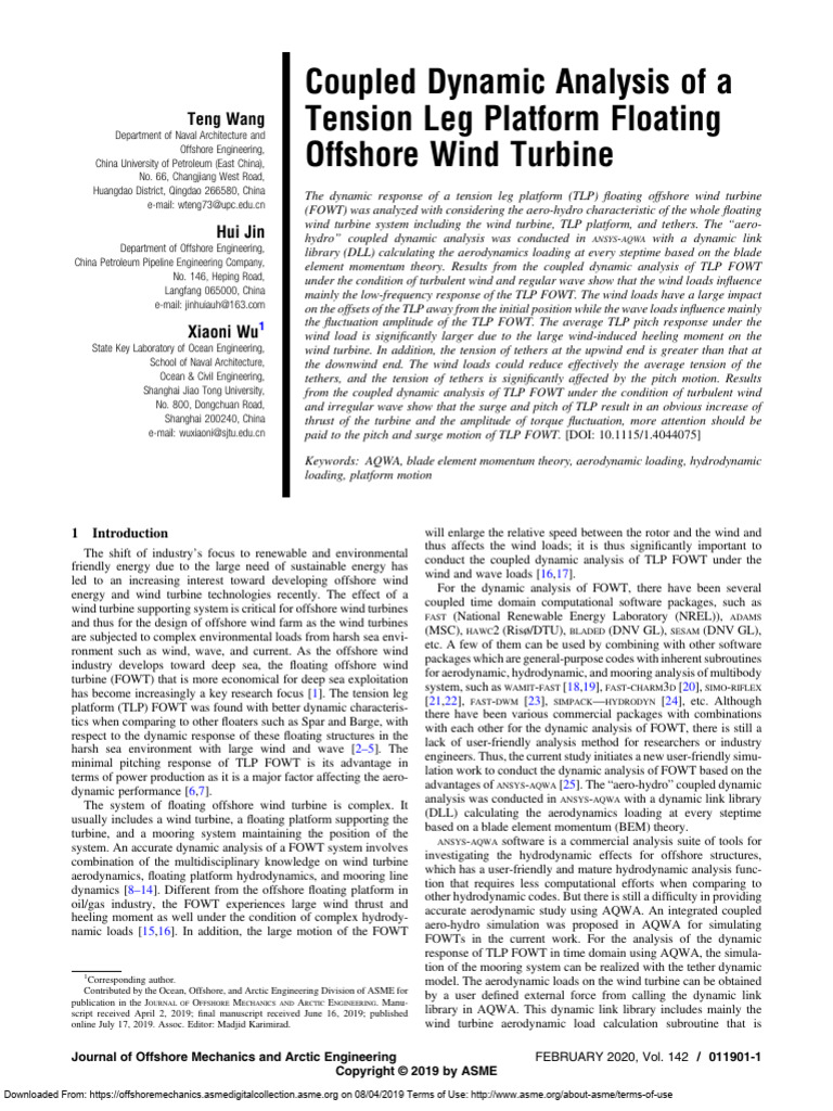 Coupled Dynamic Analysis of A Tension Leg Platform Floating Offshore ...