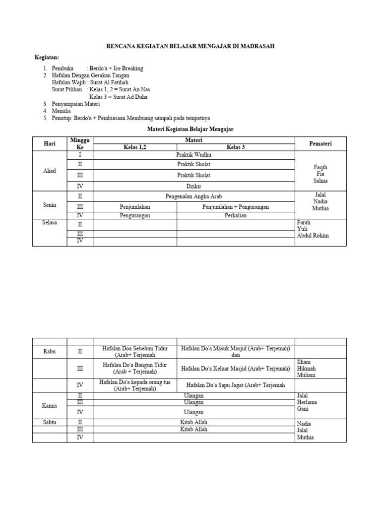 RENCANA KEGIATAN BELAJAR MENGAJAR DI MADRASAH Revisi | PDF